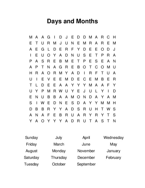 Days And Months Word Search