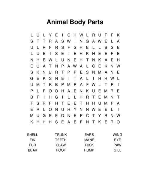 Animal Body Parts Word Search