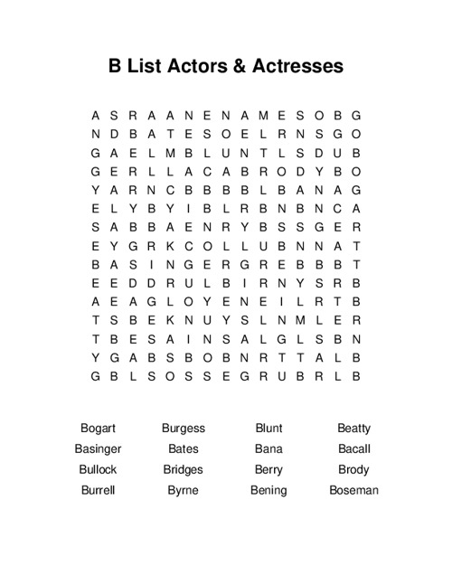 B Actors Actresses Word Search B Actors Actresses Word Search