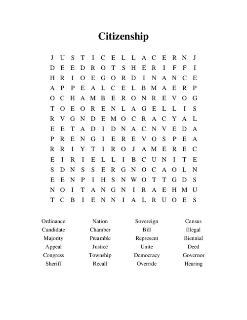 Citizenship Word Search Citizenship Word Search