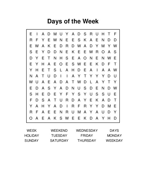 Days Of The Week Word Search