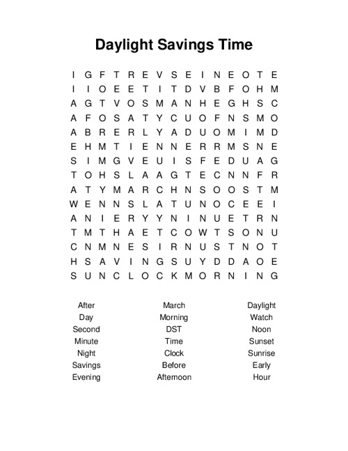 Daylight Savings Time Word Search Daylight Savings Time Word Search