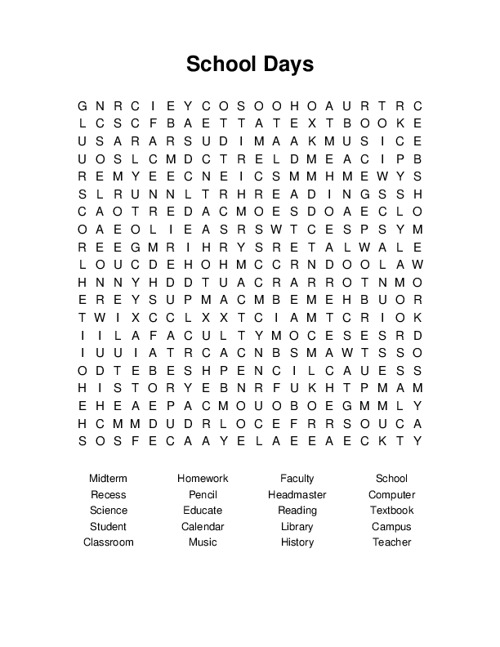 School Days Word Search School Days Word Search