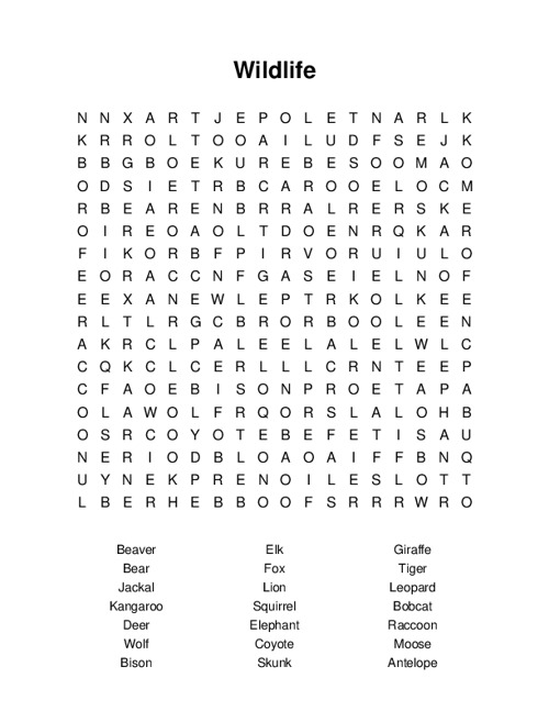 Wildlife Word Search Wildlife Word Search