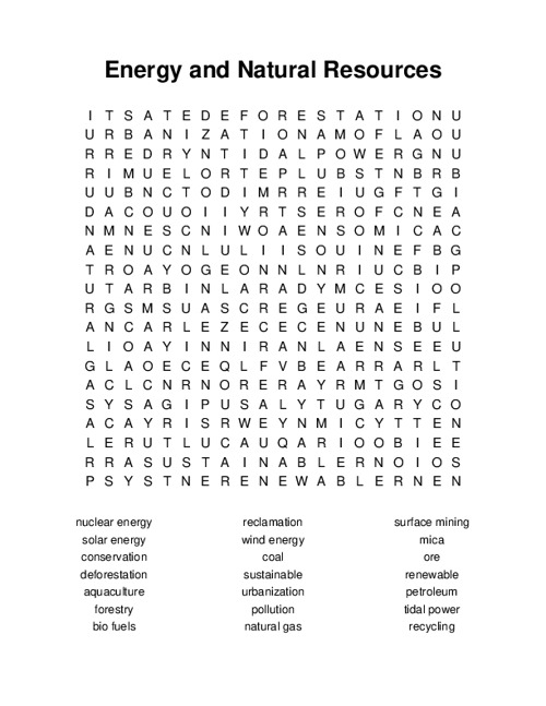 Energy And Natural Resources Word Search Energy And Natural Resources Word Search