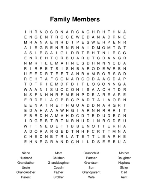 Family Members Word Search Family Members Word Search