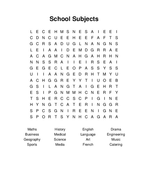 School Subjects Word Search School Subjects Word Search