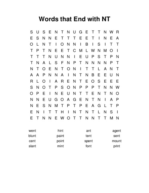 Words That End With NT Word Search