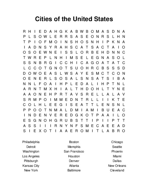 Cities Of The United States Word Search Cities Of The United States Word Search