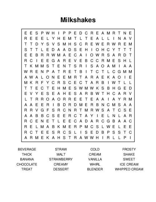 Milkshakes Word Search Milkshakes Word Search
