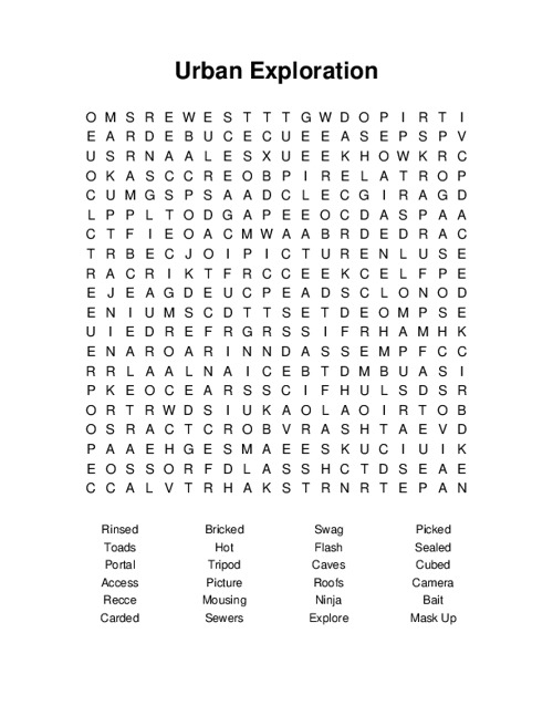 Urban Exploration Word Search Urban Exploration Word Search