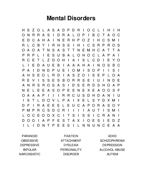 Mental Disorders Word Search Mental Disorders Word Search