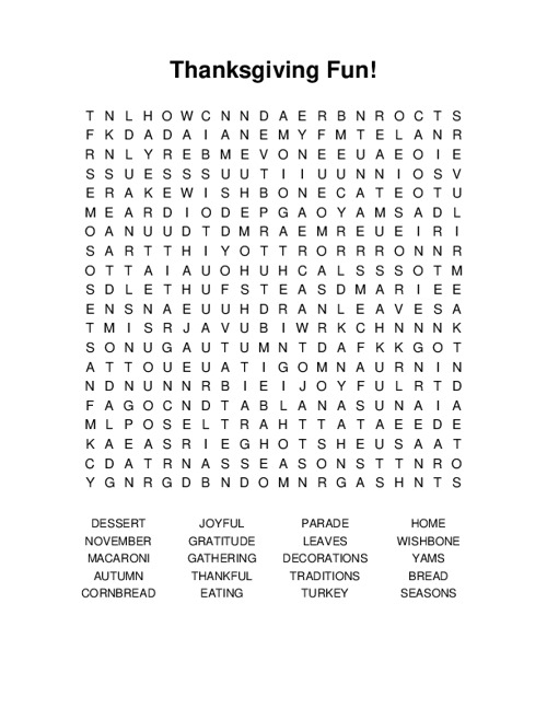 Thanksgiving Fun Word Search Thanksgiving Fun Word Search