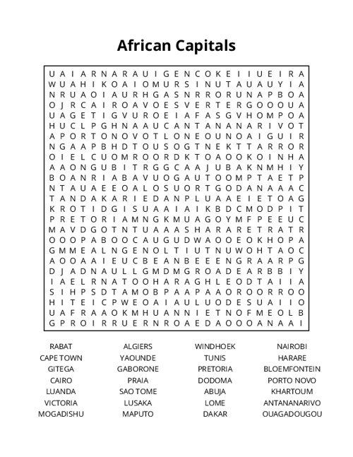 African Capitals Word Search