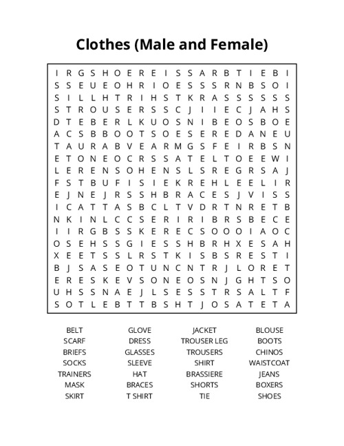 Clothes (Male and Female) Word Search